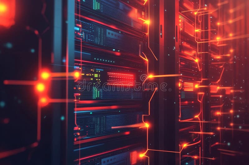 A Closeup Shot of Data Center Servers with Glowing Red Lights ...