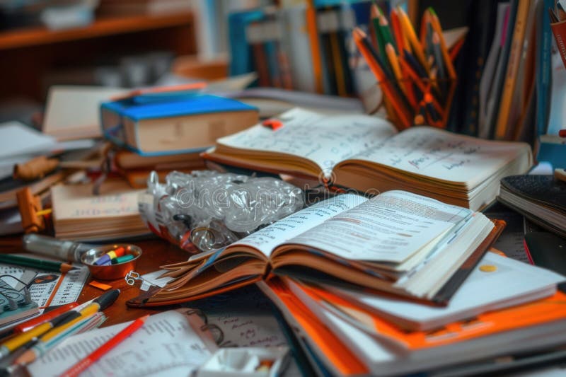 A Close-up Shot of a Desk Covered in Open Textbooks, Notebooks, Pens ...