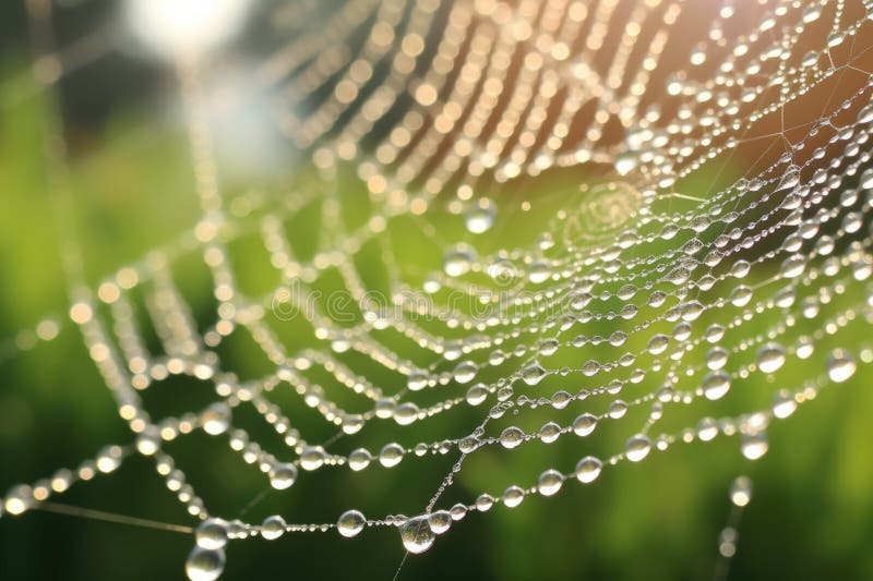 A Close-up Shot of a Dew-covered Spider Web Refracting Sunlight Stock ...