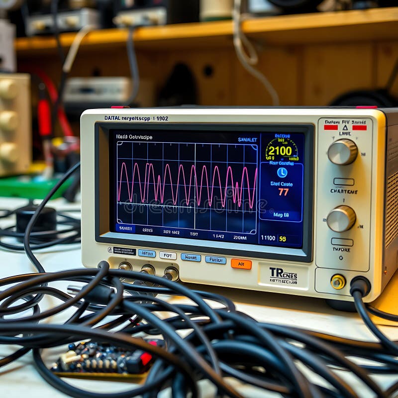 Close Up Shot of a Digital Oscilloscope with Colorful Waveform Patterns ...