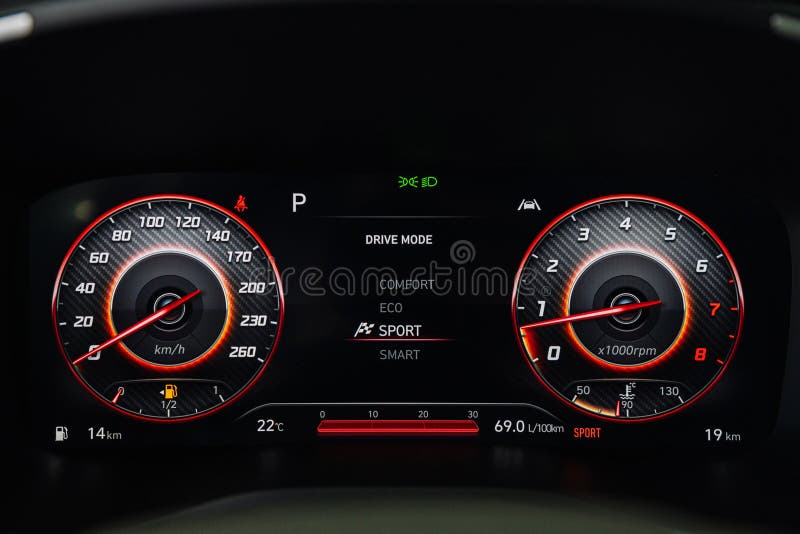 Close Up Shot of Digital Speedometer in Modern Car Console. Stock Image ...