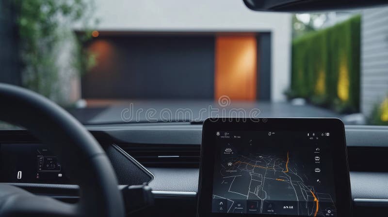 Close-Up Shot of Electric Vehicle Dashboard Displaying Navigation Stock ...
