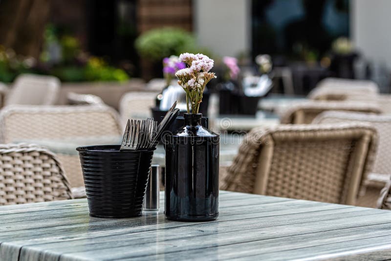 Close Up Shot of Empty Cafeteria or Restaurant Tables with Chairs on ...
