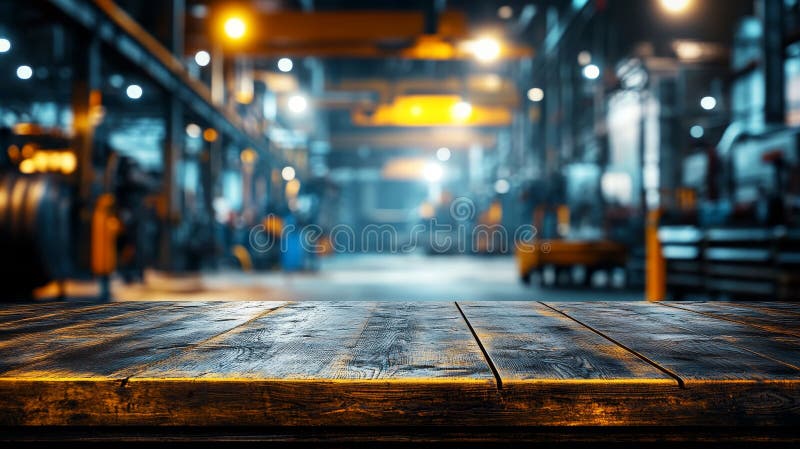 A Close-up Shot of an Empty Wooden Table with a Blurred Industrial ...