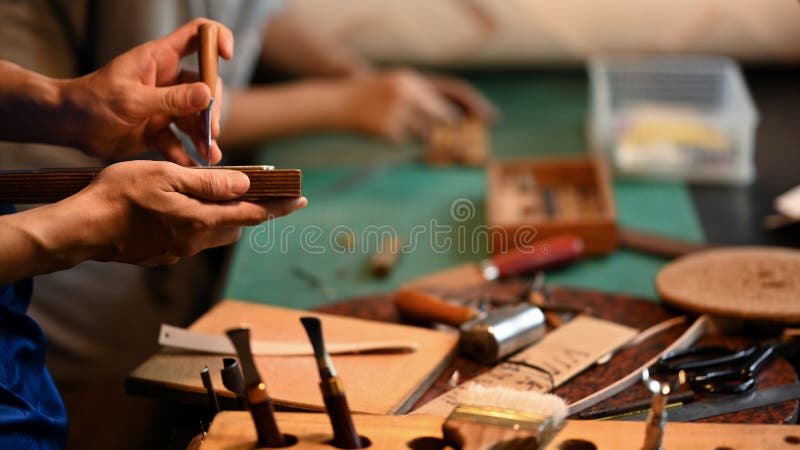 Close Up Shot of Experienced Craftsman in Leather Belt Making Process ...