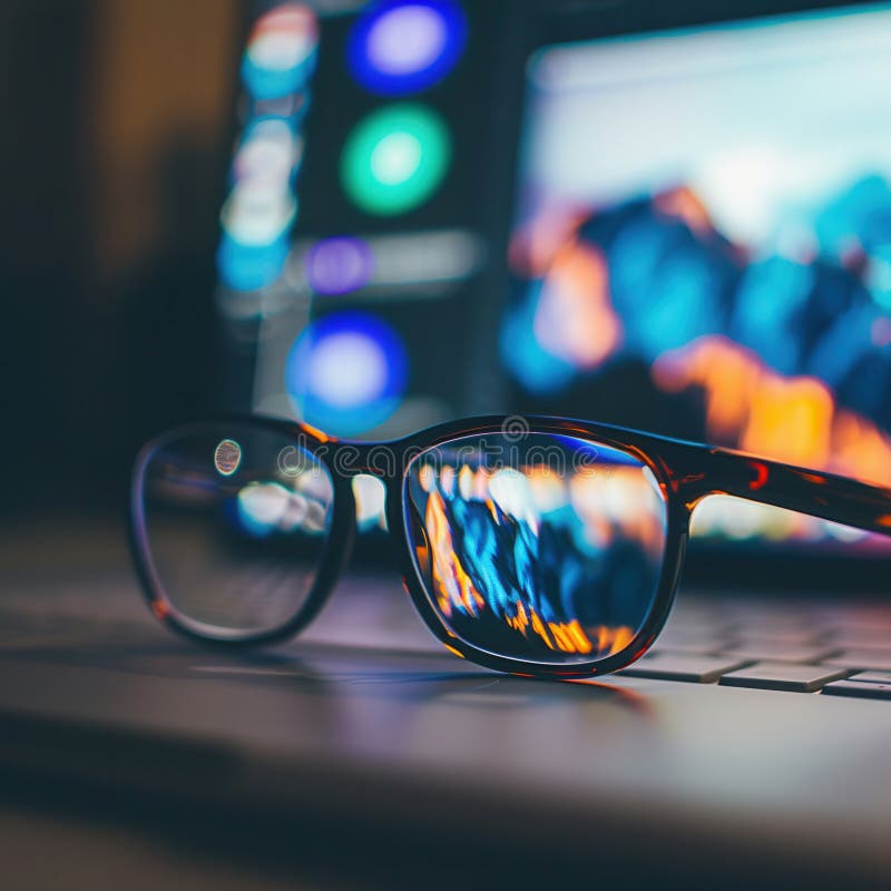 Close-up Shot of Eyeglasses Resting on a Computer Keyboard, Reflecting ...