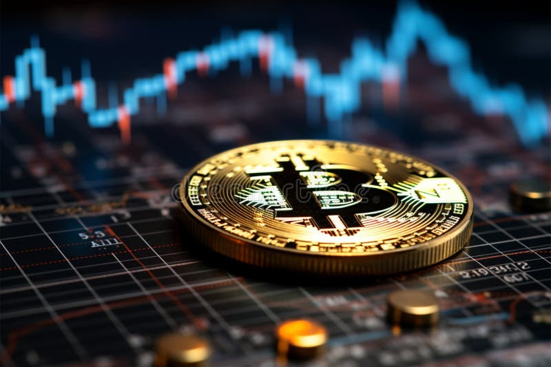 A Close Up Shot Features a Gold Bitcoin Coin on Exchange Chart Stock ...