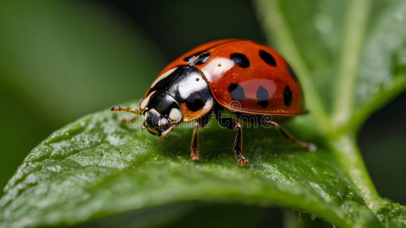 Close-Up of a Ladybug Resting on a Green Leaf, Detailing Its Bright Red ...