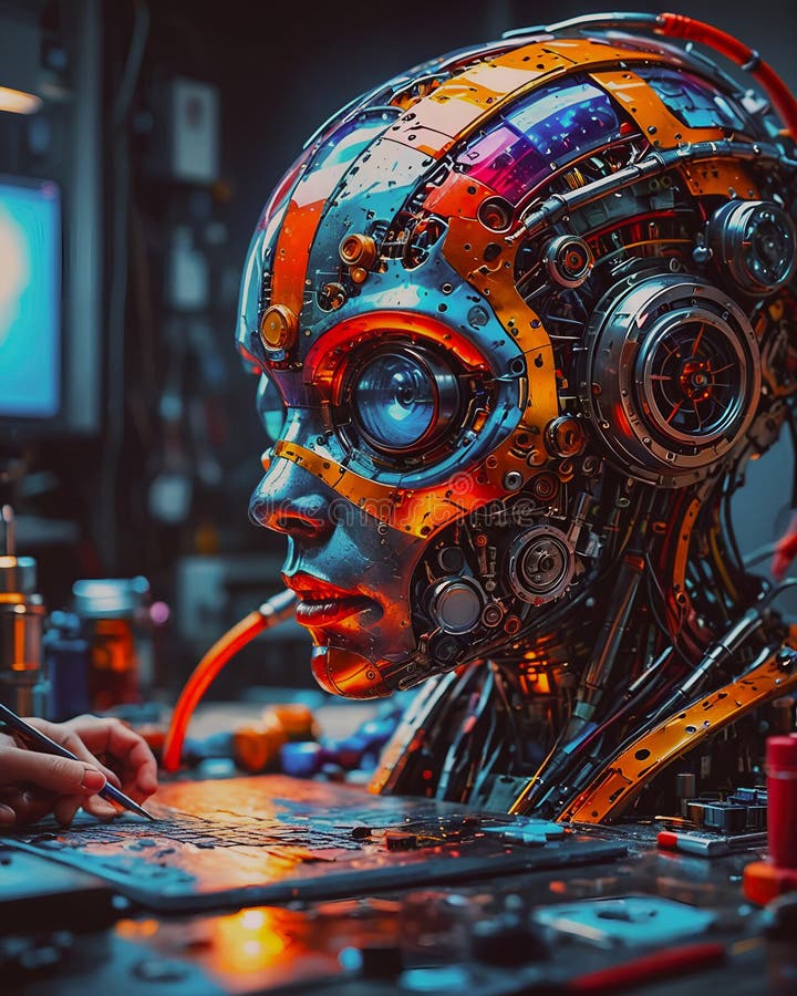 Close Up Shot of a Female Robot Repairing a Computer in a Workshop ...