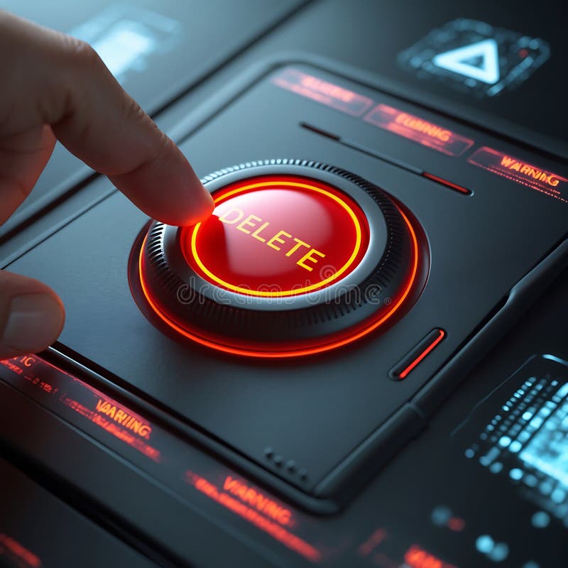 Finger Pressing a Glowing Red Delete Button on a Futuristic Interface ...