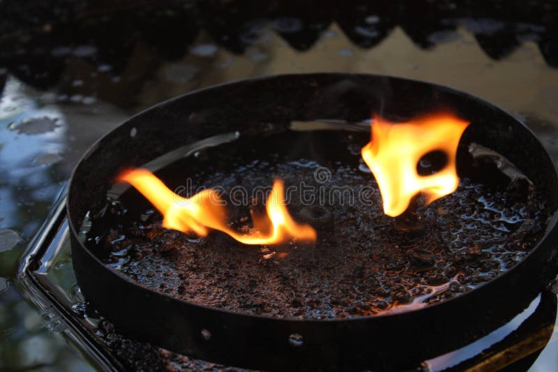 Close-up Shot of the Fire Flames in the Black Iron Tray at Phra ...