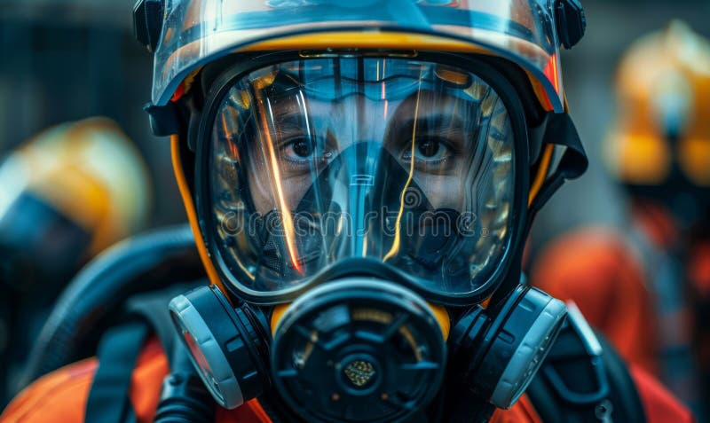 A Close-up Shot of a Firefighter Wearing a Modern Protective Mask with ...