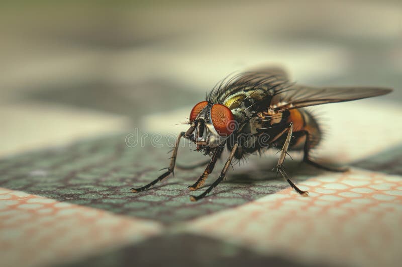 Close-up Shot of a Fly on a Checkered Texture. Insect Delicate Wings ...