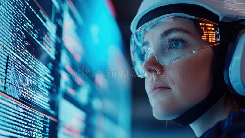 Focused Female Software Engineer Reviewing Code on Large Screen ...