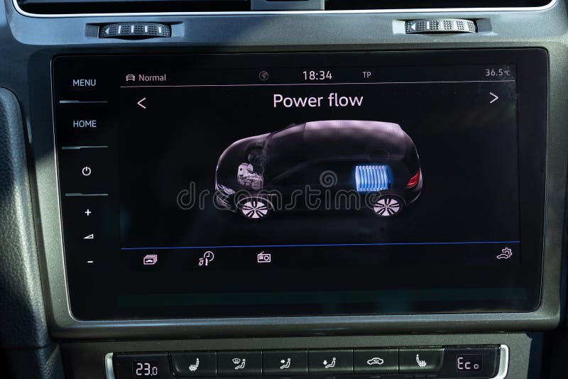 Close Up Shot of Fully Electric Car Dashboard Trip Computer Display ...