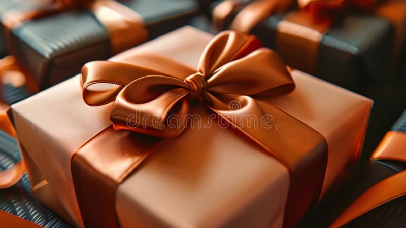 A Close-up Shot of a Gift Box Tied with a Copper Ribbon and Bow. Stock ...