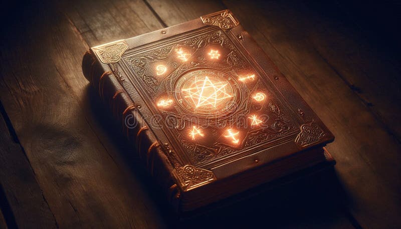 Close-up Shot of a Glowing Ancient Spell Book on a Rustic Wood Table ...