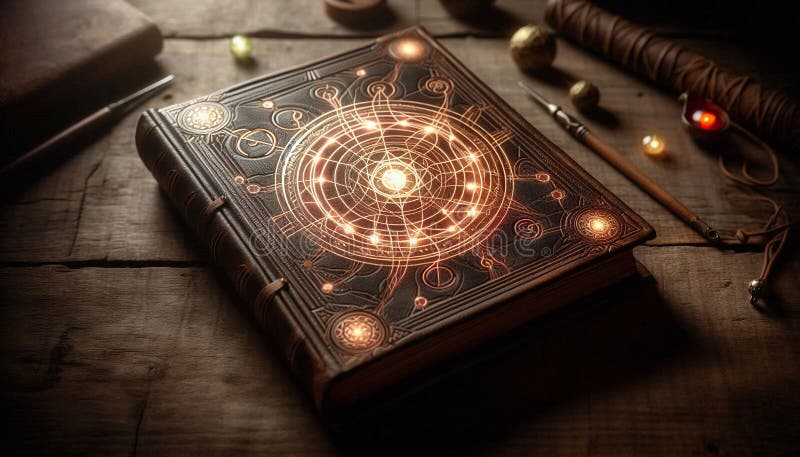 Close-up Shot of a Glowing Ancient Spell Book on a Rustic Wood Table ...