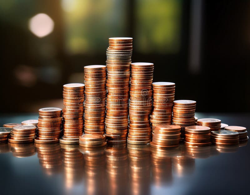 A Close-up Shot of Golden Coins Stacked in Columns Against a Dark ...
