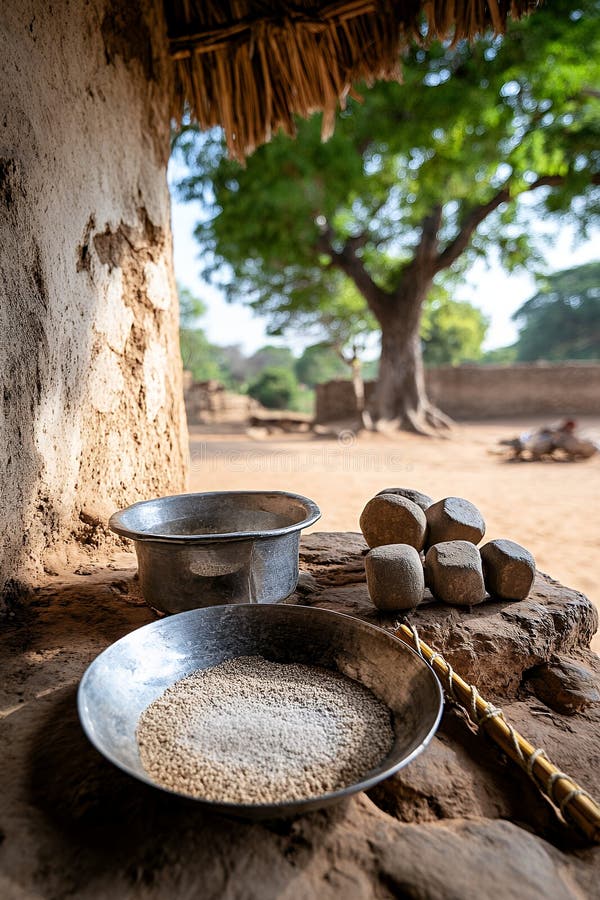 A Close-up Shot of Grains Being Processed Using Traditional Tools in a ...