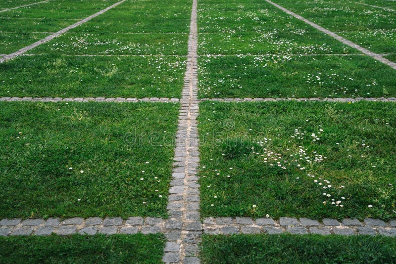 Close-up Shot of Grass Squares Separated by Cobblestone Paths Stock ...