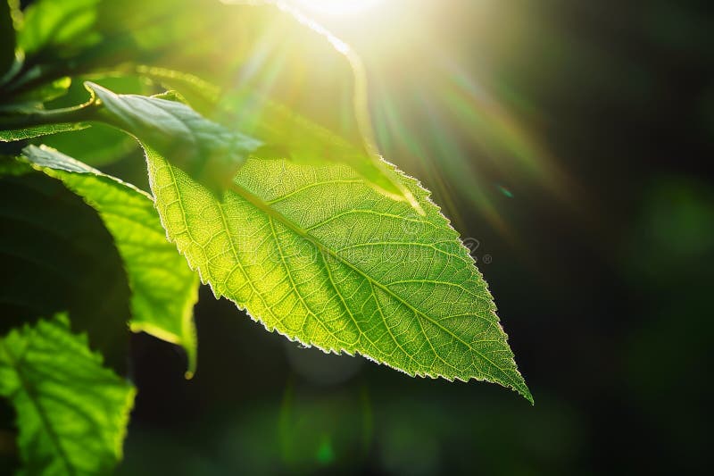 A Close Up Shot of a Green Leaf with Sunlight Rays Hitting it Stock ...