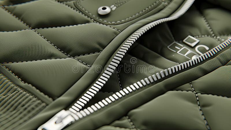 A Close-up Shot of a Green Quilted Jacket with a Silver Zipper Stock ...