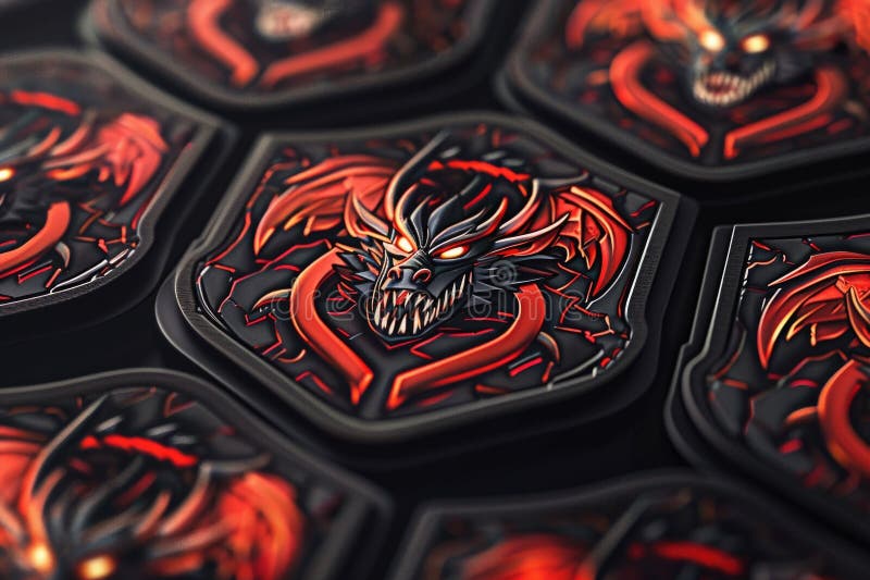 A Close-up Shot of a Group of Badges Featuring Red and Black Designs ...