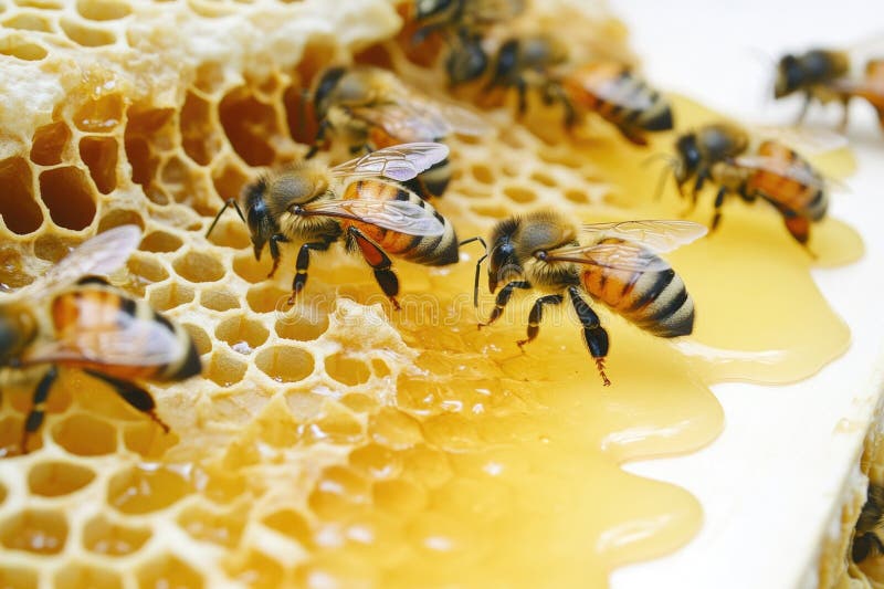 A Close-up Shot of a Group of Bees Covering a Piece of Honey Stock ...