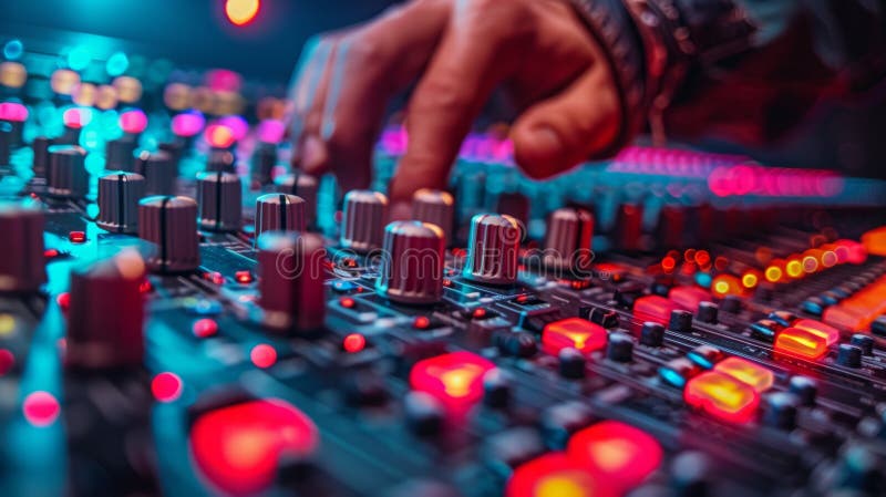 A Close-up Shot of a Hand Adjusting Knobs on a Soundboard Stock Photo ...