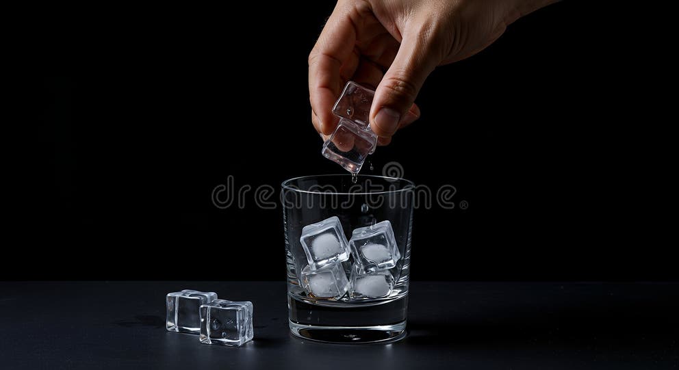 Close-up Shot of a Hand Dropping Ice Cubes into a Clear Glass, Creating ...