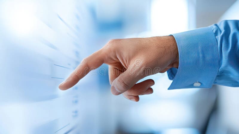 A Close Up Shot of a Hand Gently Touching a Screen in a Modern Office ...