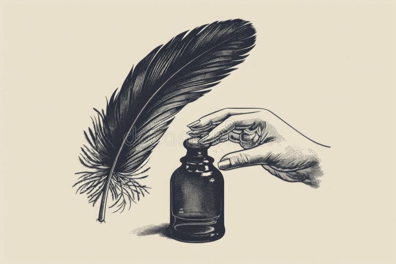 A Close-up Shot of a Hand Holding a Bottle of Ink and a Feather Quill ...