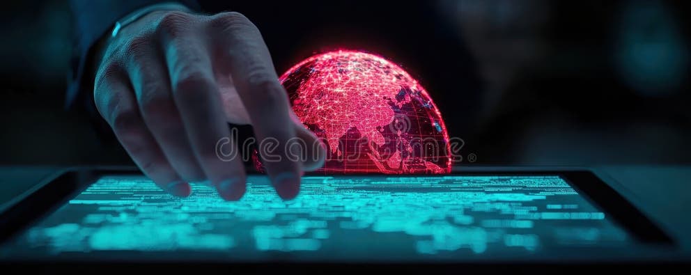 Global Network Security Hand Interacting with Digital Globe and Code on ...