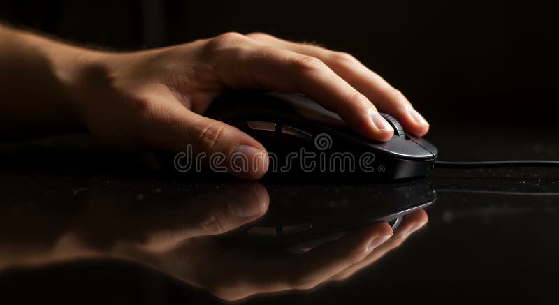 Hand Using a Computer Mouse on a Reflective Surface with a Dark ...