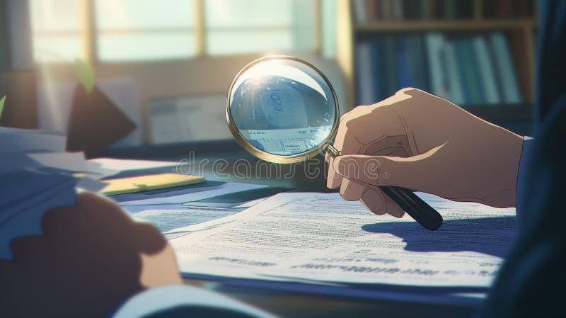Magnifying Glass Examining Documents Desk Office Closeup Investigation ...