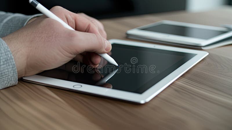 Close-up Shot of a Hand Using a Stylus To Draw on a Tablet Computer on ...