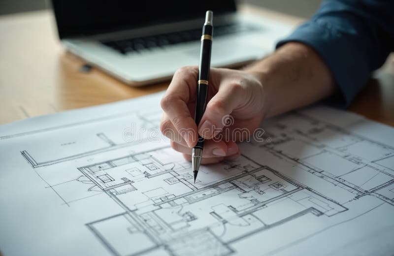 Close Up Shot of Hand Writing with Pen on House Blueprint ...