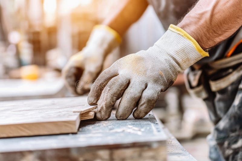 Close Up Shot of the Hands of a Construction Worker Wearing Gloves ...