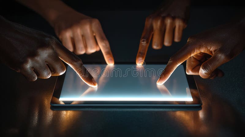 Hands Reaching Toward a Glowing Tablet Screen, Highlighting Technology ...