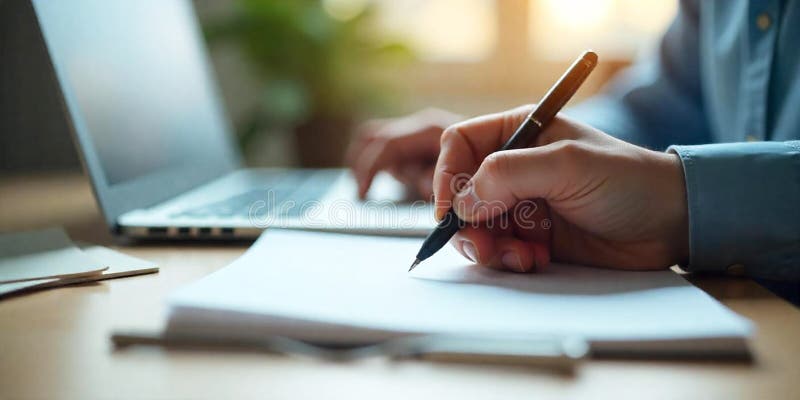 Close-Up of Hands Writing in Notebook with Laptop and Office Workspace ...