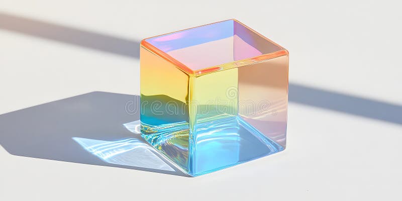A Close Up Shot of a Hollow Iridescent Cube Casting a Shadow on a White ...