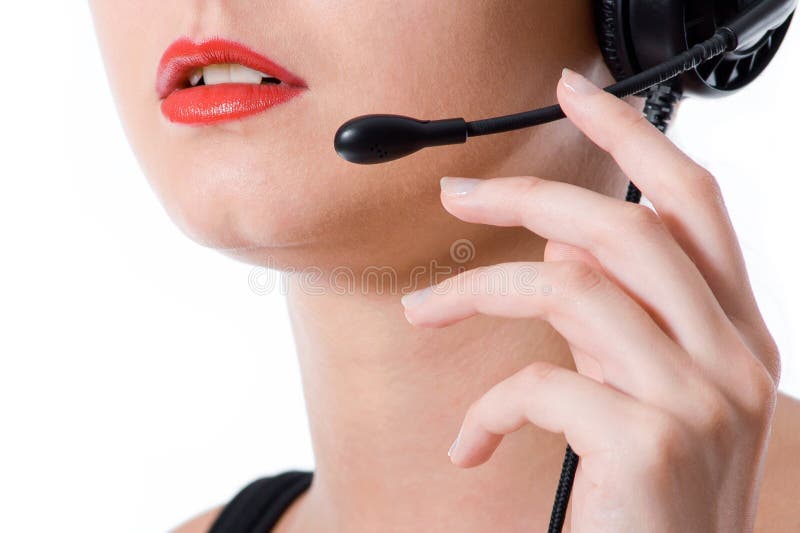 Close-up Shot of a Hotline Worker Speaking into a Microphone Stock ...