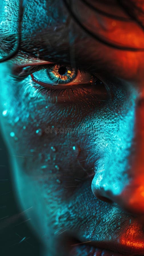 A Closeup Shot of a Human Faces with Bright Digital Paint Splatters ...