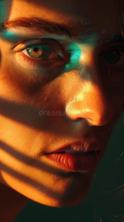 A Closeup Shot of a Human Faces with Dynamic Light and Shadow Effects ...