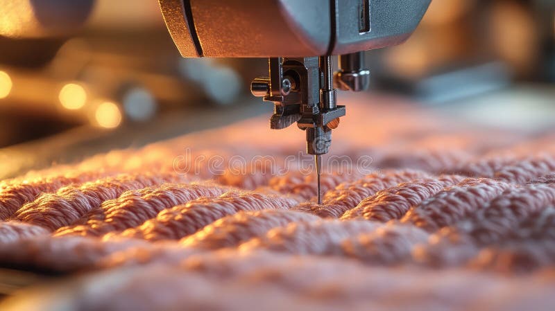 A Close-up Shot of an Industrial Sewing Machine Stitching Fabric, with ...