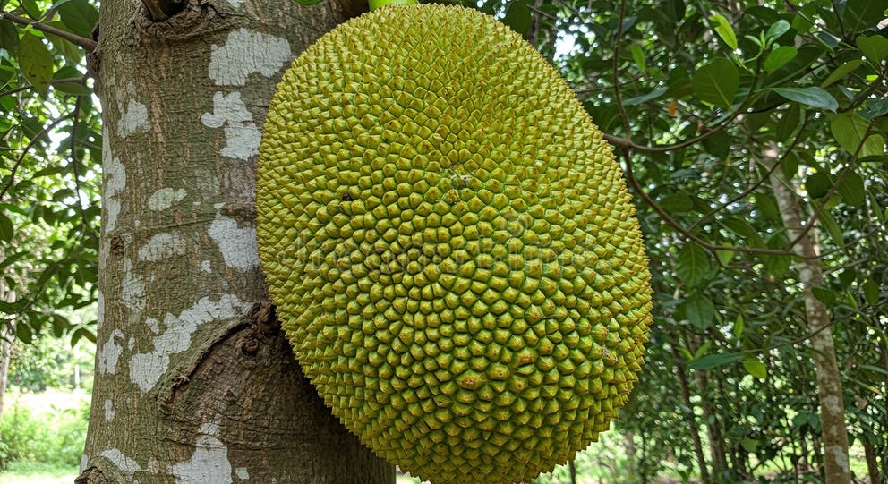 A Large, Green Jackfruit Growing on a Tree Trunk in a Natural Outdoor ...