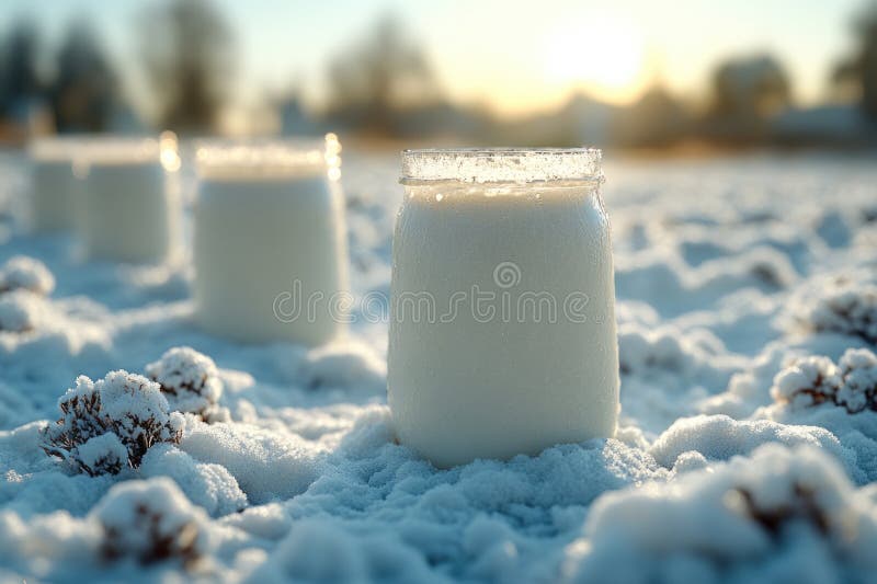 A Close-up Shot of a Jar of Milk Sitting in the Snow Stock Image ...