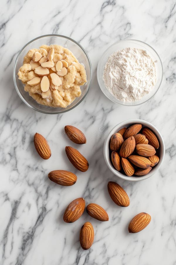 A Close-up Shot of a Kitchen Counter Top Featuring Bowls of Almonds and ...
