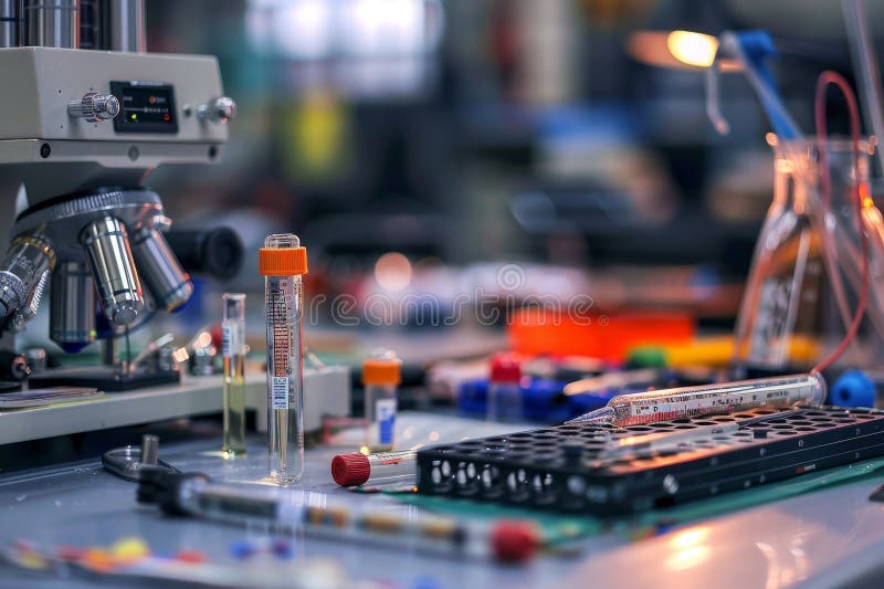 Close-up Shot of Lab with Microscope, Test Tubes, and Equipment ...